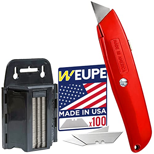 WEUPE Heavy Duty Retractable Utility Knife and Razor Blades with Dispenser - 100 Pack, Safety Box Opener, Cardboard Cutter, Best Utility Knife for Carpenter, Electrician and More, Tool Box Set and Kit