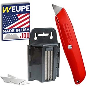 WEUPE Heavy Duty Retractable Utility Knife and Razor Blades with Dispenser - 100 Pack, Safety Box Opener, Cardboard Cutter, Best Utility Knife for Carpenter, Electrician and More, Tool Box Set and Kit