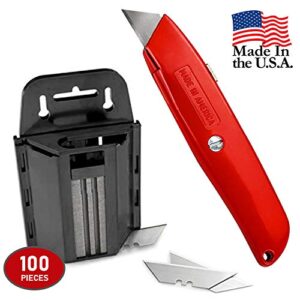 WEUPE Heavy Duty Retractable Utility Knife and Razor Blades with Dispenser - 100 Pack, Safety Box Opener, Cardboard Cutter, Best Utility Knife for Carpenter, Electrician and More, Tool Box Set and Kit