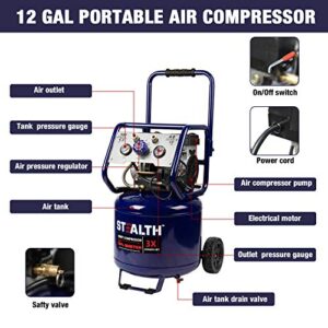 Stealth 12 Gallon Ultra Quiet Air Compressor, 1.5 HP Oil-Free Peak 150 PSI 68 Decibel Air Compressor,5 CFM @ 40 PSI 4 CFM @ 90 PSI Silent Portable Long Life Electric Air Compressor W/Wheel for Garage