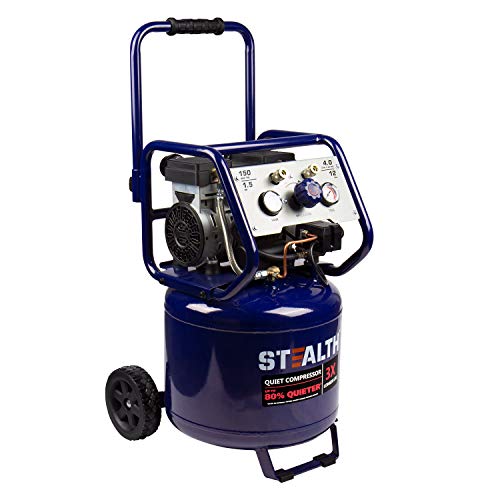 Stealth 12 Gallon Ultra Quiet Air Compressor, 1.5 HP Oil-Free Peak 150 PSI 68 Decibel Air Compressor,5 CFM @ 40 PSI 4 CFM @ 90 PSI Silent Portable Long Life Electric Air Compressor W/Wheel for Garage