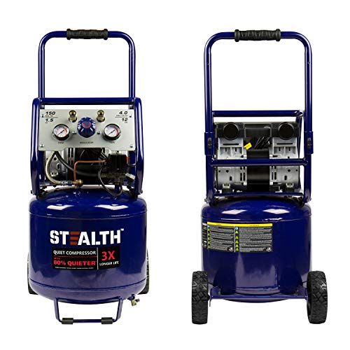 Stealth 12 Gallon Ultra Quiet Air Compressor, 1.5 HP Oil-Free Peak 150 PSI 68 Decibel Air Compressor,5 CFM @ 40 PSI 4 CFM @ 90 PSI Silent Portable Long Life Electric Air Compressor W/Wheel for Garage