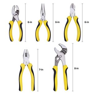 TOPLINE 5-Piece Pliers Set, Pliers Tool Set Included 8" Groove Joint Pliers, 7" Linesman Pliers, 6" Long Nose Pliers, 6" Slip Joint Pliers, 6" Diagonal Pliers for Basic Home Maintenance