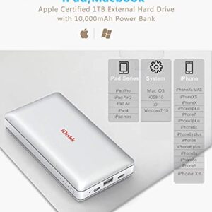 iDiskk 【Mfi Certified Plug-Play】 1TB External Hard Drive for iPad iPhone 15 Android Photo Backup Storage for iPhone 15/14/13/12/12 Pro Max/12 pro/11 pro/X/XR,Mac/iMac/PC, Built-in 10000mAh Power Bank