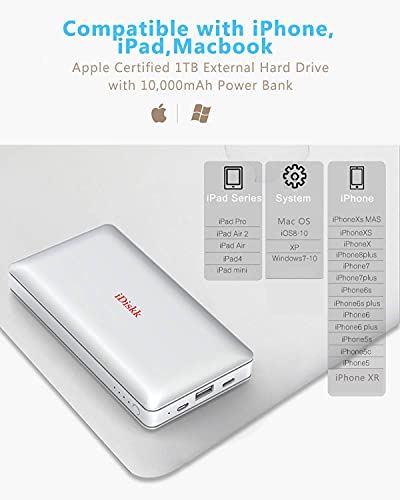 iDiskk 【Mfi Certified Plug-Play】 1TB External Hard Drive for iPad iPhone 15 Android Photo Backup Storage for iPhone 15/14/13/12/12 Pro Max/12 pro/11 pro/X/XR,Mac/iMac/PC, Built-in 10000mAh Power Bank