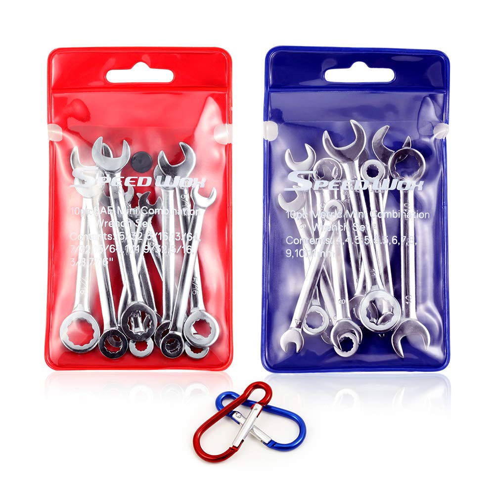 SPEEDWOX Mini Wrench Set Metric SAE Ignition Wrench Sets Open and Box End Wrench Set Small Wrench Set Combination Wrench Sets with Storage Pouches and Key Chains, 4mm-11mm & 5/32"-7/16"