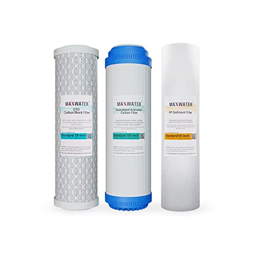 Max Water 5 Micron Replacement Filter Cartridge Set (10 inch x 2.5 inch) for Standard RO (Reverse Osmosis) Water Filter Systems - PP Sediment, GAC & CTO (3 Replacement filters)