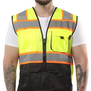 Kolossus High Visibility Mens Safety Vest APPAREL With Front Pockets, Silver Orange Reflective Tape, Bottom Class 2 ANSI/ISEA Black, Large