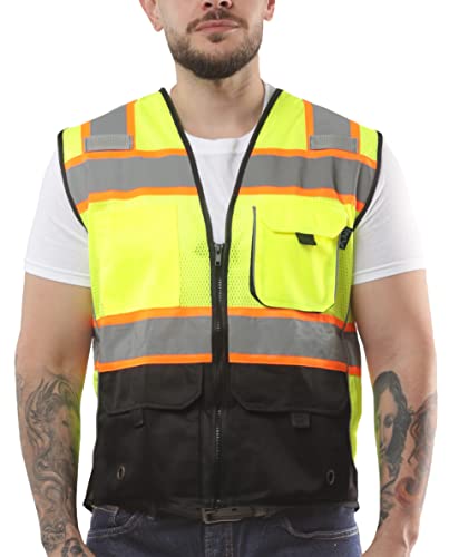 Kolossus High Visibility Mens Safety Vest APPAREL With Front Pockets, Silver Orange Reflective Tape, Bottom Class 2 ANSI/ISEA Black, Large