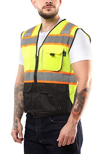 Kolossus High Visibility Mens Safety Vest APPAREL With Front Pockets, Silver Orange Reflective Tape, Bottom Class 2 ANSI/ISEA Black, Large