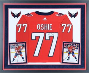 t.j. oshie washington capitals deluxe framed autographed red adidas authentic jersey - autographed nhl jerseys