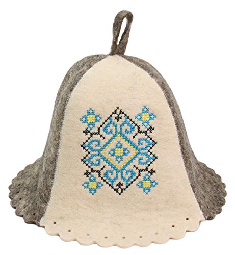 PetriStor Ukrainian Sauna Hat Ornament Blue - Hats Sauna Hat for Men - Ukraine Sauna Hat for Men - Bathhouse Hat - Natural Felt - Sauna Hat Finnish - Wool Sauna Hat for Men