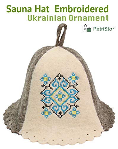 PetriStor Ukrainian Sauna Hat Ornament Blue - Hats Sauna Hat for Men - Ukraine Sauna Hat for Men - Bathhouse Hat - Natural Felt - Sauna Hat Finnish - Wool Sauna Hat for Men