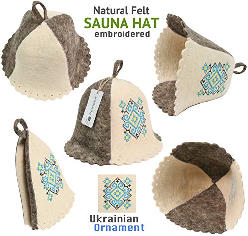 PetriStor Ukrainian Sauna Hat Ornament Blue - Hats Sauna Hat for Men - Ukraine Sauna Hat for Men - Bathhouse Hat - Natural Felt - Sauna Hat Finnish - Wool Sauna Hat for Men