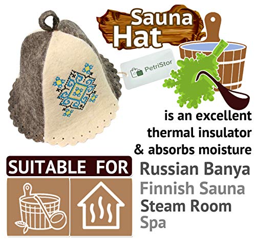 PetriStor Ukrainian Sauna Hat Ornament Blue - Hats Sauna Hat for Men - Ukraine Sauna Hat for Men - Bathhouse Hat - Natural Felt - Sauna Hat Finnish - Wool Sauna Hat for Men