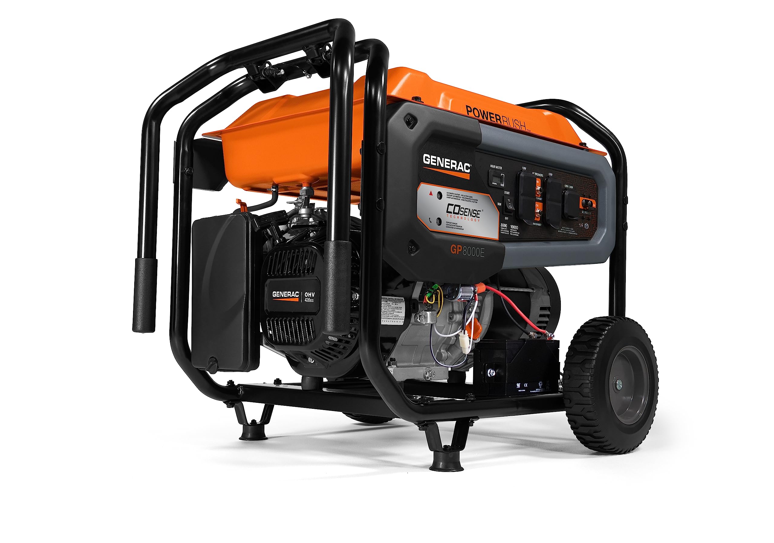 Generac 7686 GP8000E 8,000-Watt Gas-Powered Portable Generator - Electric Start - Powerrush Advanced Technology - Reliable Power for Emergencies and Recreation - 49 State Compliant