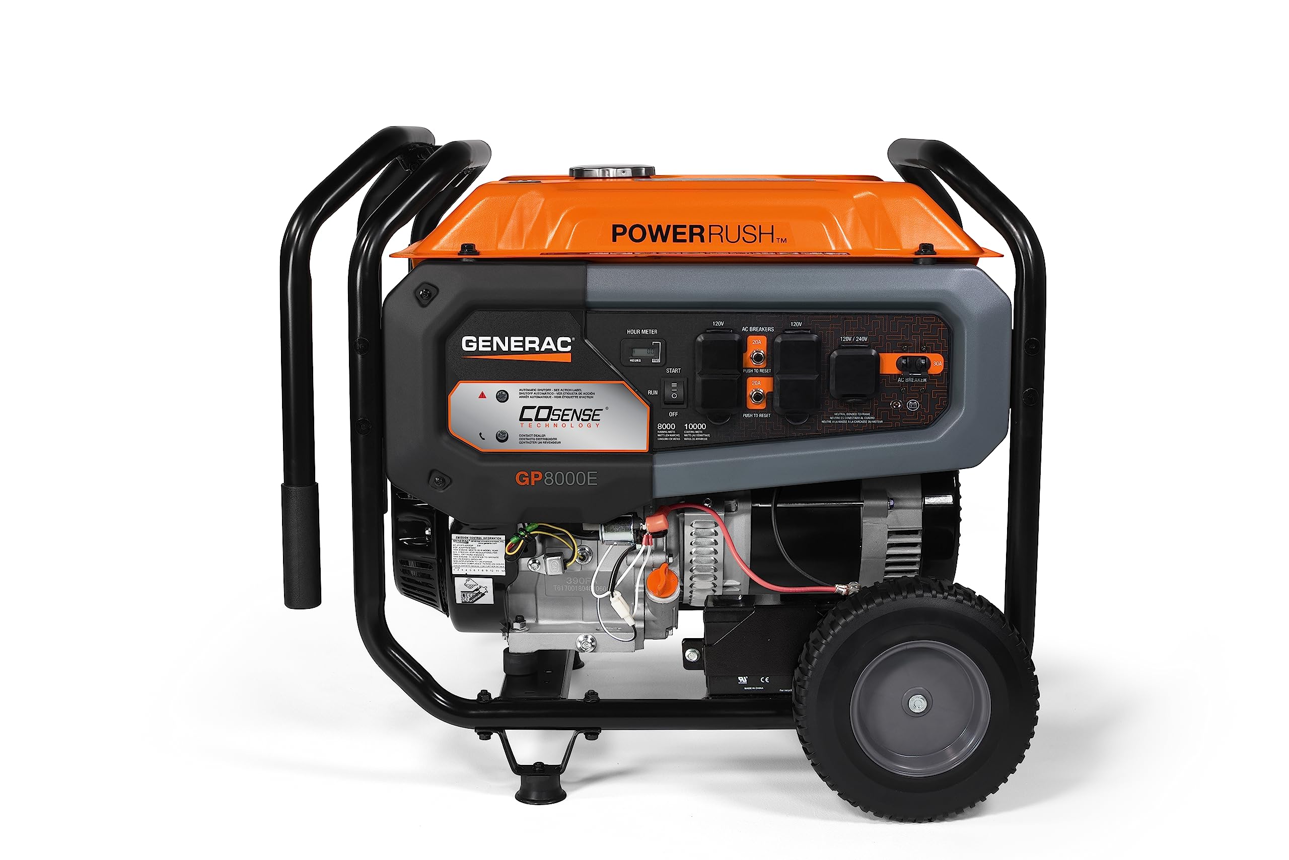 Generac 7686 GP8000E 8,000-Watt Gas-Powered Portable Generator - Electric Start - Powerrush Advanced Technology - Reliable Power for Emergencies and Recreation - 49 State Compliant