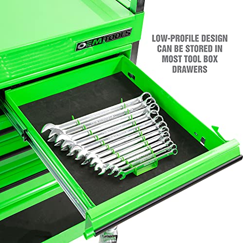 OEMTOOLS 22177 Pro Magnetic Wrench Organizer, 12 Wrench Storage Rail, SAE and Metric Tool Drawer Organizers For Tool Boxes And Metal Surfaces, Green