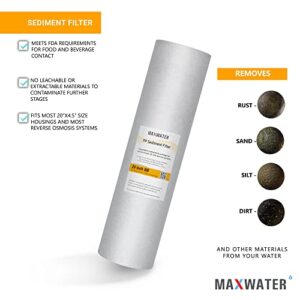 Max Water 20 inch x 4.5 inch, 5 Micron Replacement Sediment Water Filter Cartridge for Whole House, Melt Blown Filtration Fiber for Heavy Duty (Pack of 20)