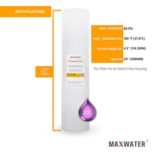 Max Water 20 inch x 4.5 inch, 5 Micron Replacement Sediment Water Filter Cartridge for Whole House, Melt Blown Filtration Fiber for Heavy Duty (Pack of 20)