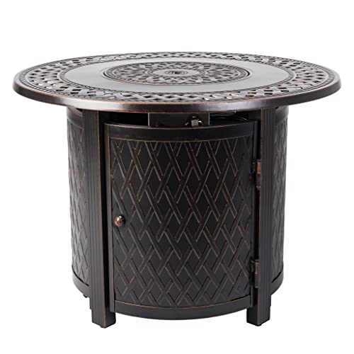 Fire Sense 62988 Wagner Woven Aluminum Convertible Gas Fire Pit Table 37,000 BTU Multi-Functional Outdoor with Fire Bowl Lid, Nylon Weather Cover & Clear Fire Glass - Bronze Finish - Round - 34"