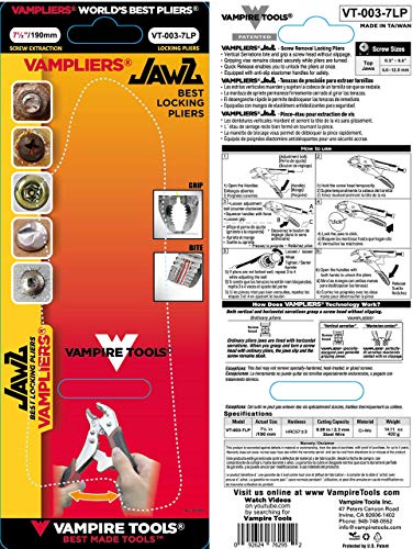 VAMPLIERS: JAWZ 7.5" VISE-GRIP LOCKING PLIERS for Extracting Damaged, Rusted, Stripped, Security, Specialty, Screws, Nuts, and Bolts: VT-003-7LP.