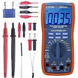 etepon digital multimeter true rms auto raging voltage tester, measures, voltage, current, resistance, continuity, frequency, capacitance, temperature, test diodes,transistors（6000 counts multimeter)