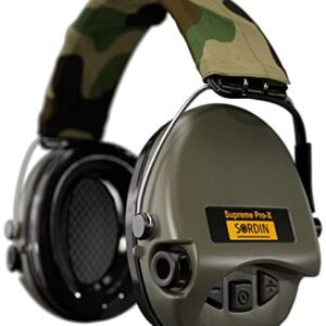 Sordin Supreme PRO X - Adjustable Active Safety Ear Muffs Hearing Protection - Camo Canvas Headband and Green Cups