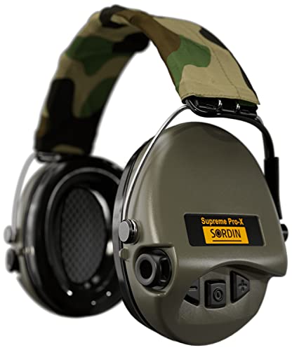 Sordin Supreme PRO X - Adjustable Active Safety Ear Muffs Hearing Protection - Camo Canvas Headband and Green Cups