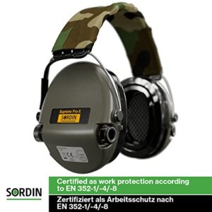 Sordin Supreme PRO X - Adjustable Active Safety Ear Muffs Hearing Protection - Camo Canvas Headband and Green Cups