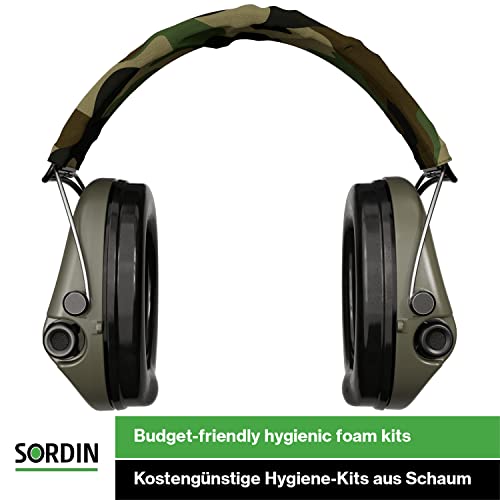 Sordin Supreme PRO X - Adjustable Active Safety Ear Muffs Hearing Protection - Camo Canvas Headband and Green Cups