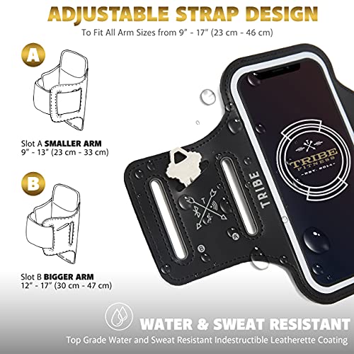 TRIBE Water Resistant Cell Phone Armband Case Running Holder for iPhone Pro Max Plus Mini SE (13/12/11/X/XS/XR/8/7/6/5) Galaxy S Ultra Plus Edge Note (21/20/10/9/8/7/6/5) Adjustable Strap & Key Pocket