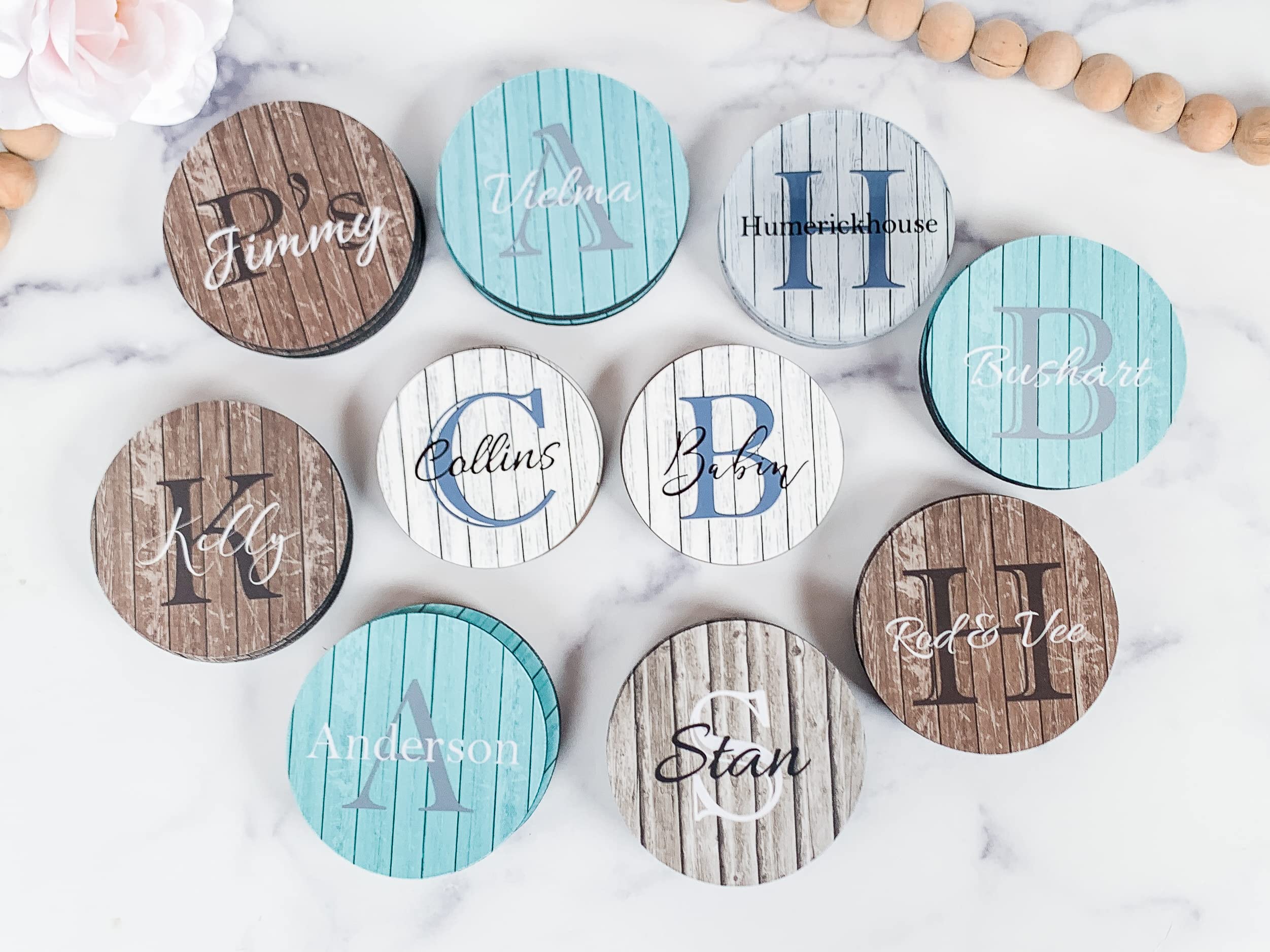 Personalized Coasters for Drinks White Barnwood Design Custom Farmhouse Coaster Set Monogram Initial Name Housewarming Gift Handmade by The Painted Pug (White)