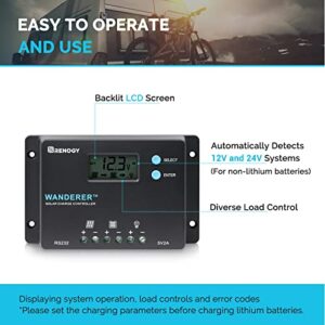 Renogy 10 Amp 12V/24V PWM Negative Ground Solar Charge Controller Compact Design w/LCD Display for AGM, Gel, Flooded and Lithium Battery, Wanderer 10A