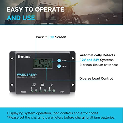 Renogy 10 Amp 12V/24V PWM Negative Ground Solar Charge Controller Compact Design w/LCD Display for AGM, Gel, Flooded and Lithium Battery, Wanderer 10A