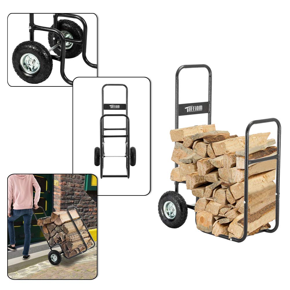 ROVSUN Firewood Cart with Large Wheels, Fireplace Log Rolling Caddy Hauler, Wood Mover Outdoor Indoor Storage Holder Rack, Heavy Duty