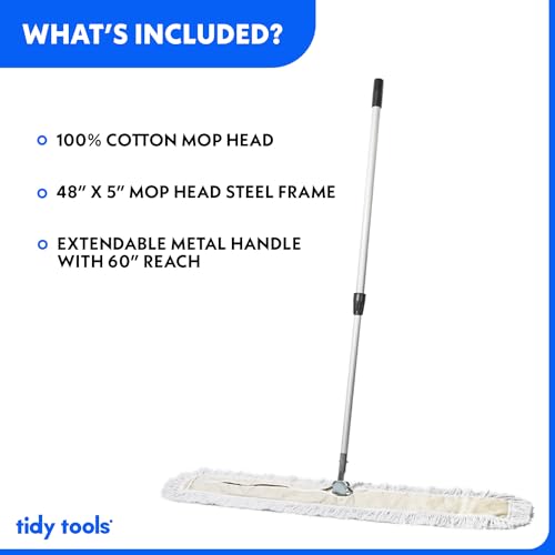 Tidy Tools Commercial Dust Mop & Floor Sweeper, 48 in. Dust Mop for Hardwood Floors, Cotton Reusable Dust Mop Head, Extendable Mop Handle, Industrial Dry Mop for Floor Cleaning & Janitorial Supplies