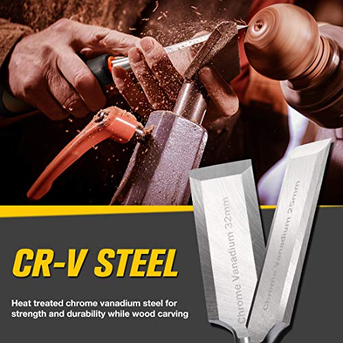 REXBETI 10pcs Premium Wood Chisel Set, 6pcs Wood Chisel with 1 Honing Guide, 1 Sharpening Stone and 2 Carpenter Pencils, Heat-Treated Cr-V Alloy Blades