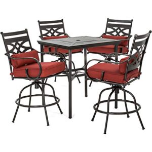 hanover montclair 5-piece high dining patio set with 33'' steel stamped square bar height table and 4 red cushioned tall swivel chairs, modern all-weather outdoor furniture for backyard and deck