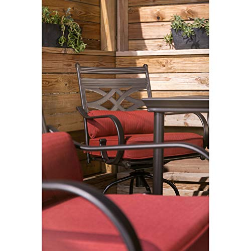 Hanover Montclair 5-Piece High Dining Patio Set with 33'' Steel Stamped Square Bar Height Table and 4 Red Cushioned Tall Swivel Chairs, Modern All-Weather Outdoor Furniture for Backyard and Deck