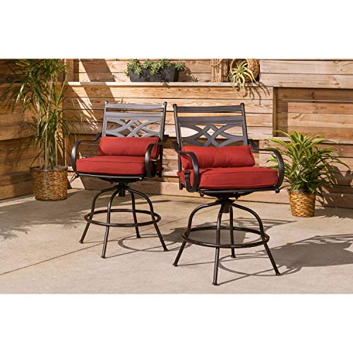 Hanover Montclair 5-Piece High Dining Patio Set with 33'' Steel Stamped Square Bar Height Table and 4 Red Cushioned Tall Swivel Chairs, Modern All-Weather Outdoor Furniture for Backyard and Deck