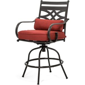 Hanover Montclair 5-Piece High Dining Patio Set with 33'' Steel Stamped Square Bar Height Table and 4 Red Cushioned Tall Swivel Chairs, Modern All-Weather Outdoor Furniture for Backyard and Deck