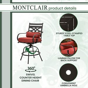 Hanover Montclair 5-Piece High Dining Patio Set with 33'' Steel Stamped Square Bar Height Table and 4 Red Cushioned Tall Swivel Chairs, Modern All-Weather Outdoor Furniture for Backyard and Deck