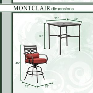 Hanover Montclair 5-Piece High Dining Patio Set with 33'' Steel Stamped Square Bar Height Table and 4 Red Cushioned Tall Swivel Chairs, Modern All-Weather Outdoor Furniture for Backyard and Deck