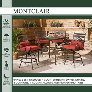 Hanover Montclair 5-Piece High Dining Patio Set with 33'' Steel Stamped Square Bar Height Table and 4 Red Cushioned Tall Swivel Chairs, Modern All-Weather Outdoor Furniture for Backyard and Deck