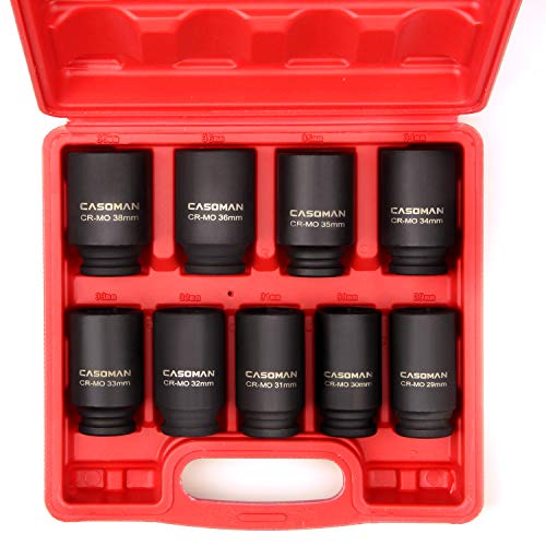 CASOMAN large socket set 1/2- Inch Drive Deep Spindle Axle Nut Impact Socket Set, 6 Point, CR-MO, Metric, 29mm-38mm, 9-Piece 1/2" Dr. Deep Impact Socket Set