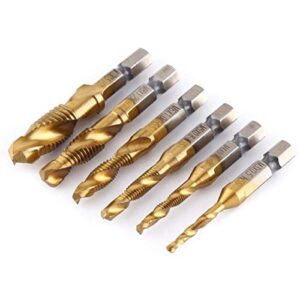 6PCS Titanium Combination Drill and Tap Bits Set, 1/4" Hex Shank HSS SAE Screw Tapping Bit with Center Punch Tool for Drilling, Tapping and Countersinking (Metric M3-M10)