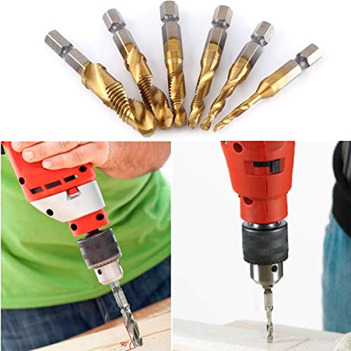 6PCS Titanium Combination Drill and Tap Bits Set, 1/4" Hex Shank HSS SAE Screw Tapping Bit with Center Punch Tool for Drilling, Tapping and Countersinking (Metric M3-M10)