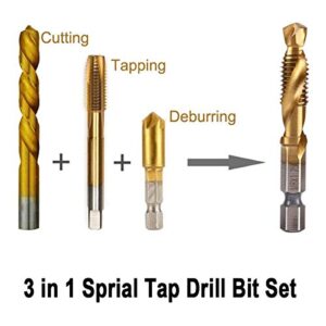 6PCS Titanium Combination Drill and Tap Bits Set, 1/4" Hex Shank HSS SAE Screw Tapping Bit with Center Punch Tool for Drilling, Tapping and Countersinking (Metric M3-M10)