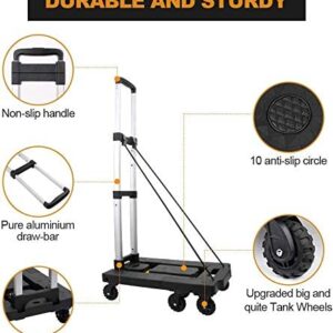 Pansonite Folding Hand Truck, 500 LB Heavy Duty Luggage Cart, Utility Dolly Platform Cart with 7 Wheels & 2 Elastic Ropes for Luggage, Travel, Moving, Shopping, Office Use